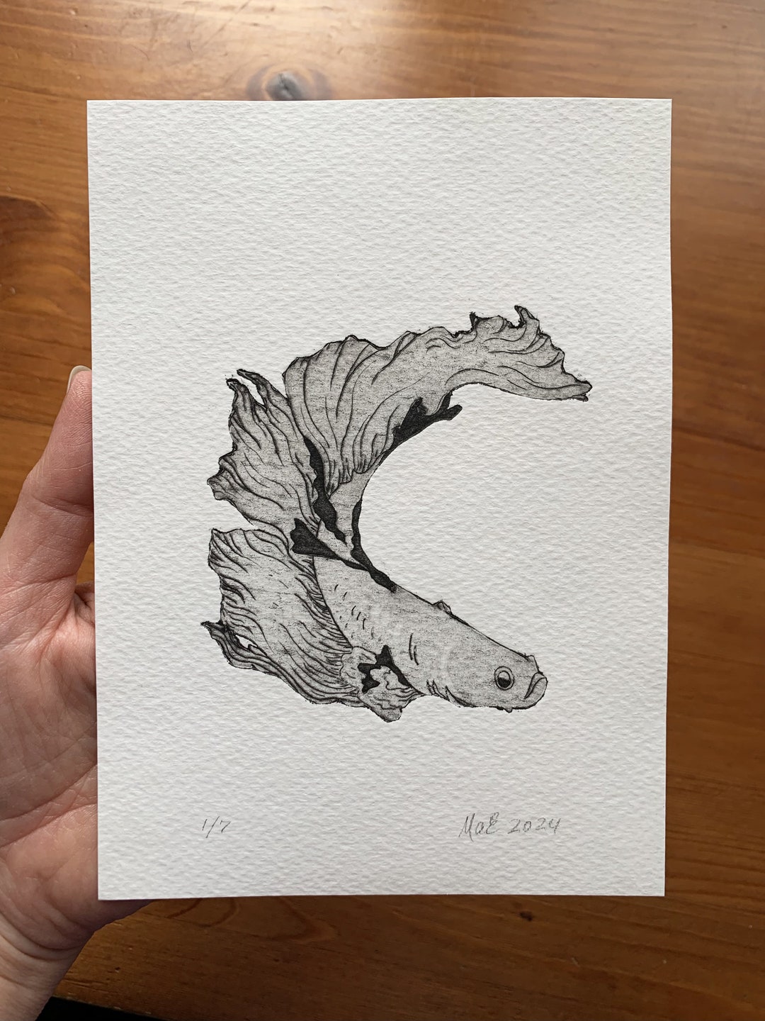 Betta Fish Print. Original Handmade Print. Intaglio Printmaking. Black ...