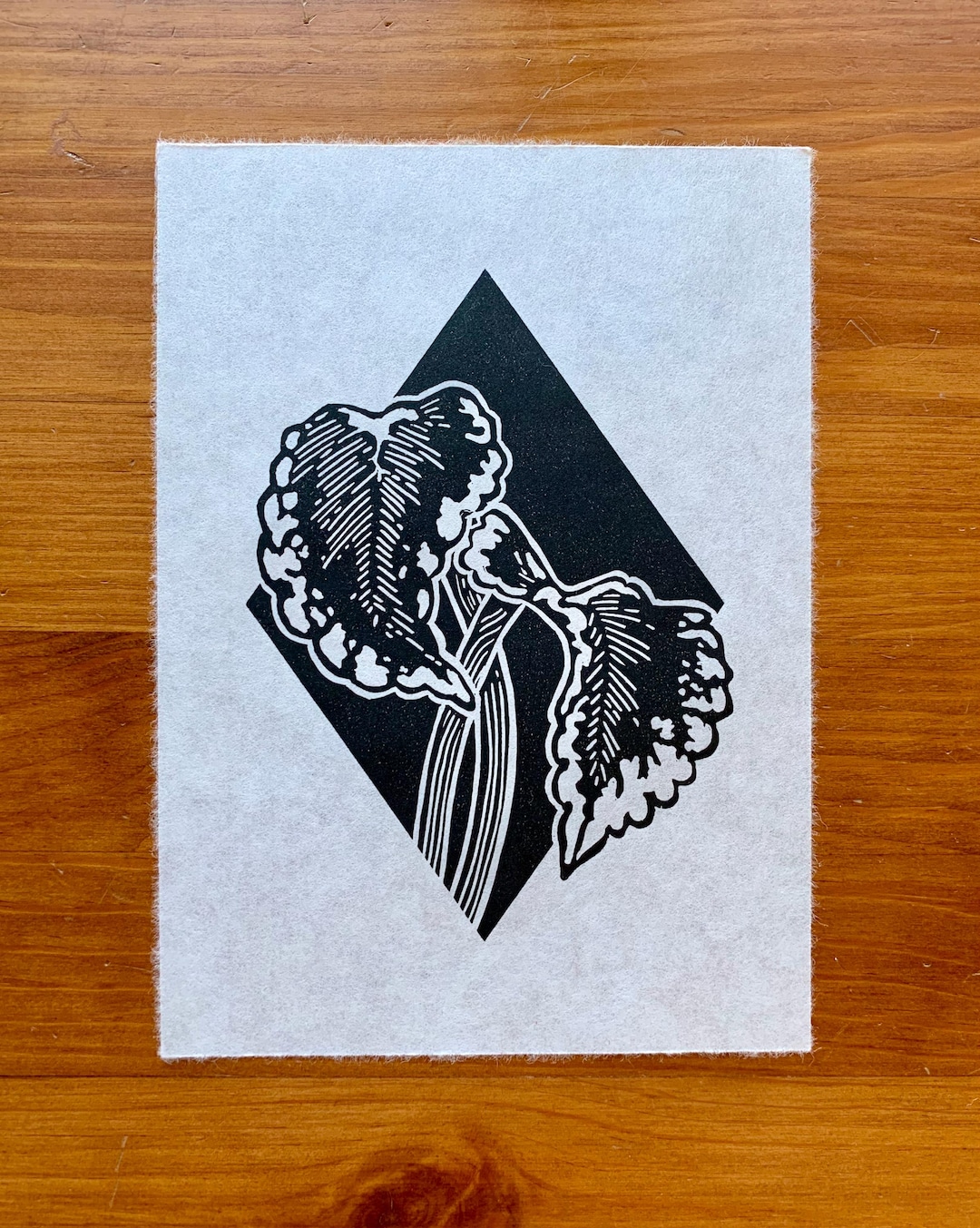 Linocut of Coleus Leaves on a Black Diamond Shape. Original Handmade ...