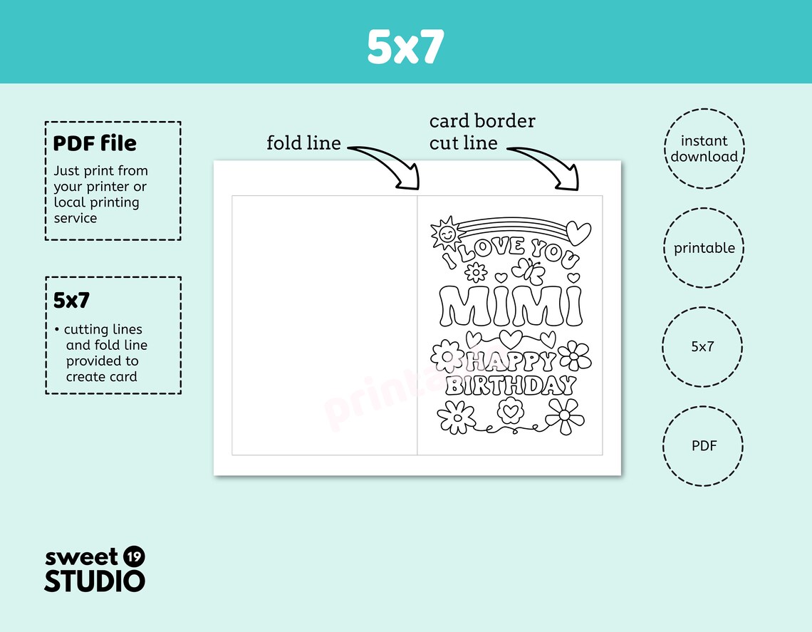 Mimi Birthday Printable Card, 5x7 Mimi Coloring Card, Mimi Coloring ...