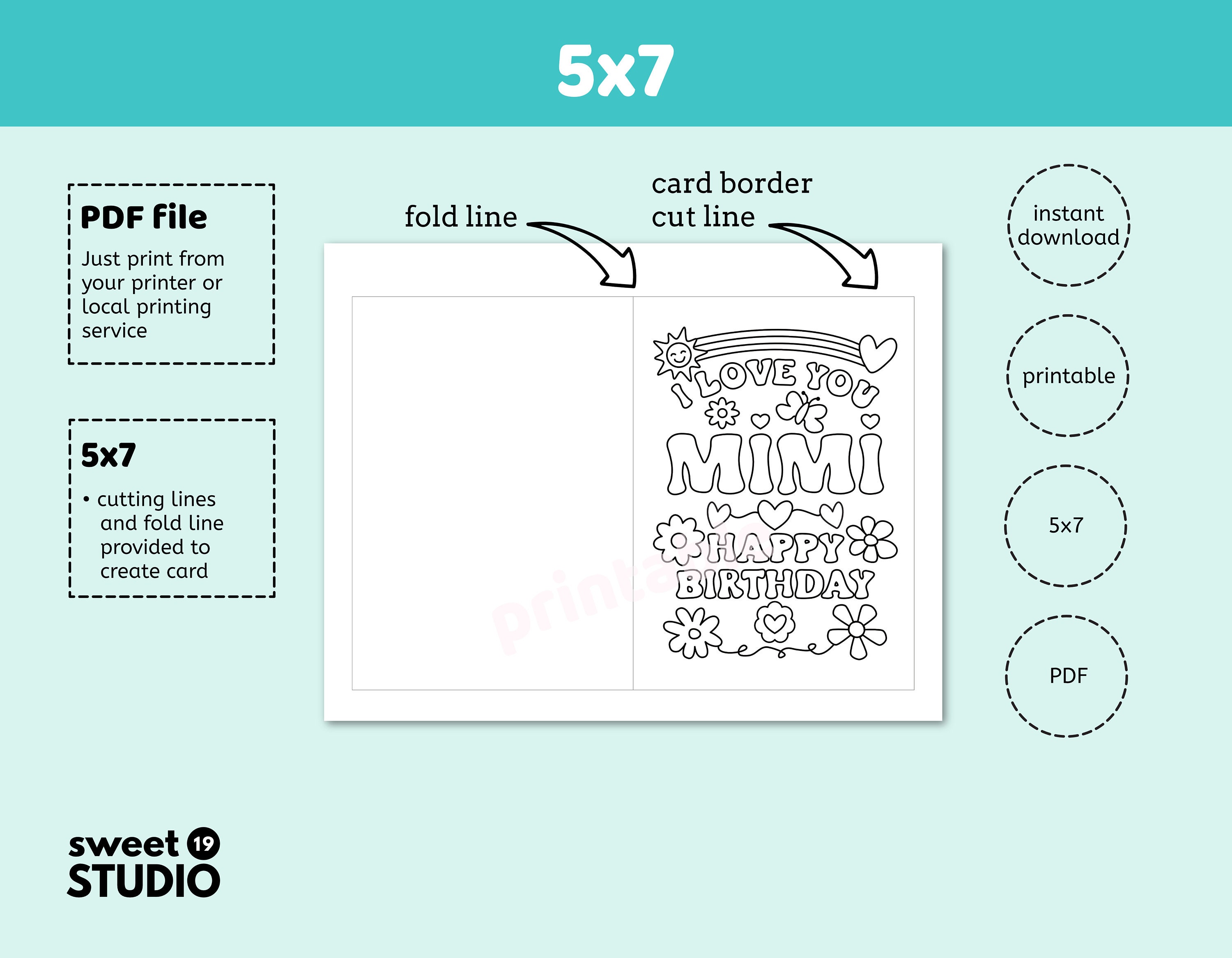 Mimi Birthday Printable Card, 5x7 Mimi Coloring Card, Mimi Coloring ...