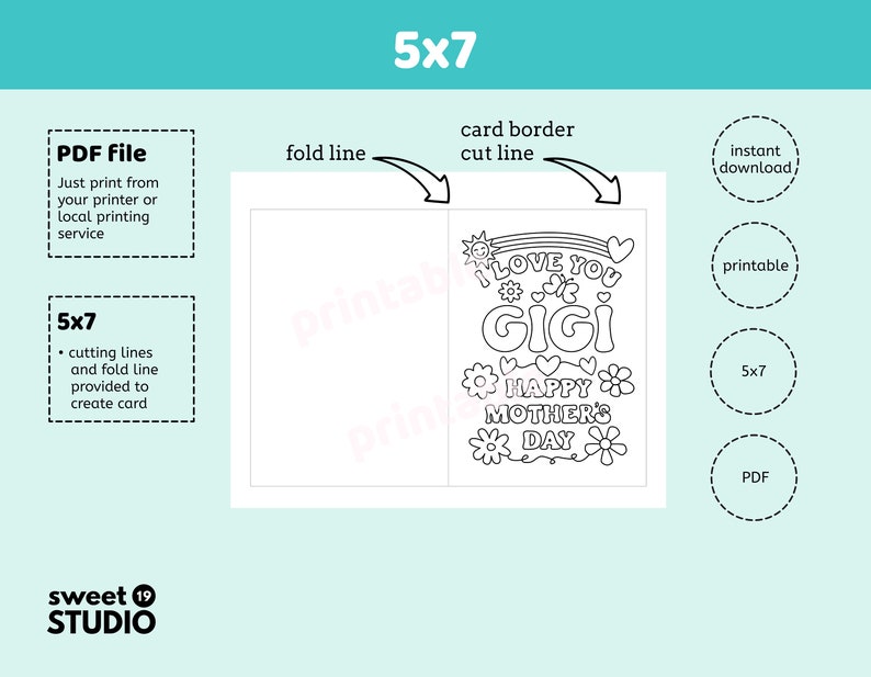 Gigi Mother's Day Printable Card, 5x7 Gigi Coloring Card, Gigi Coloring ...