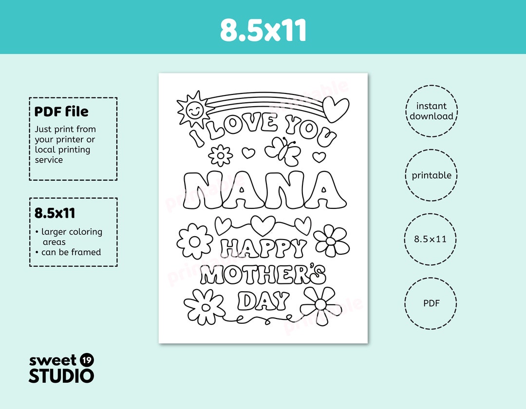 Nana Mother's Day Printable Card, 5x7 Nana Coloring Card, Nana Coloring ...
