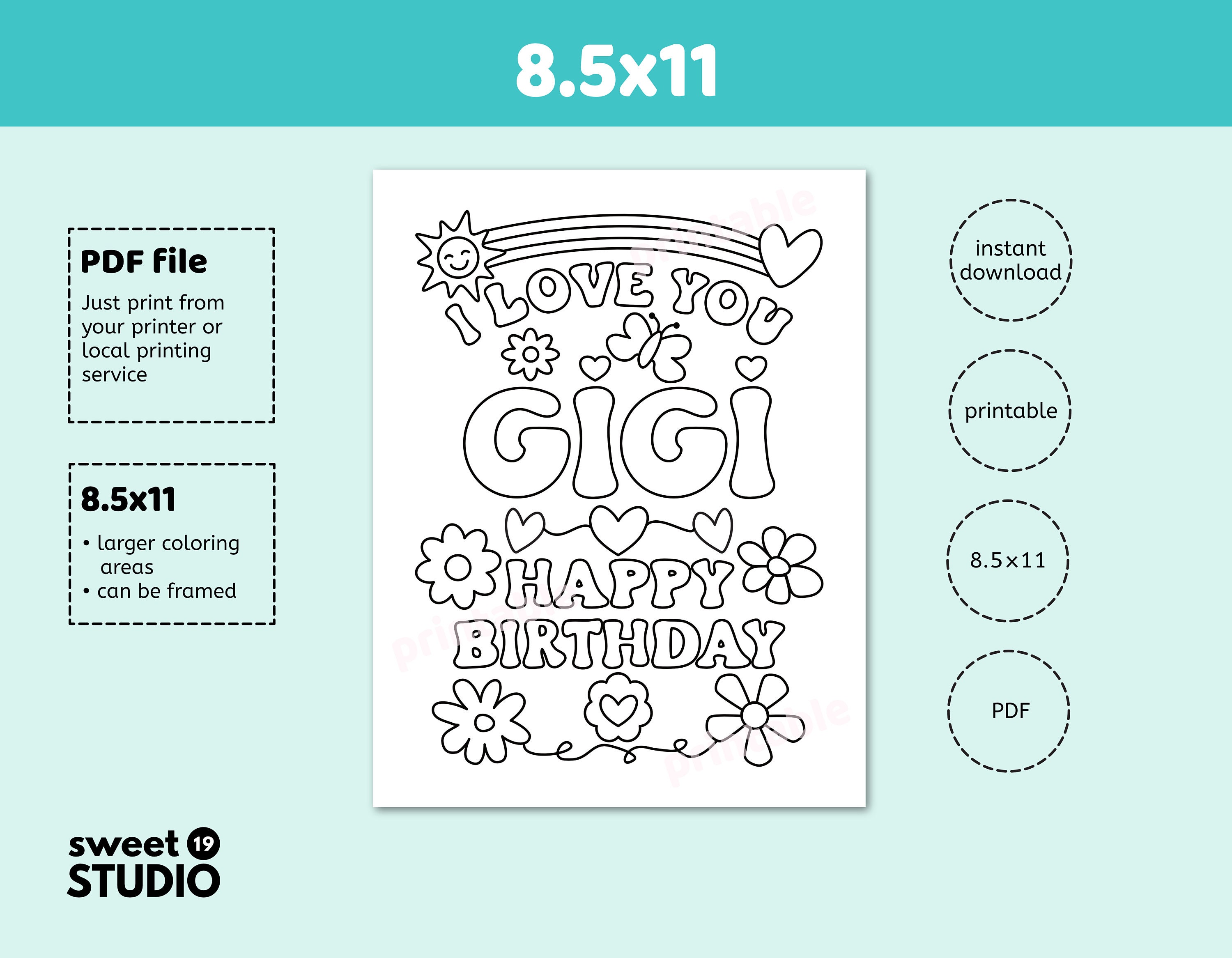 Gigi Birthday Printable Card, 5x7 Gigi Coloring Card, Gigi Coloring ...