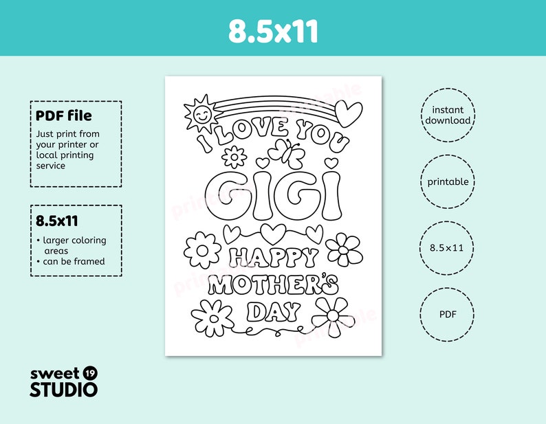 Gigi Mother's Day Printable Card, 5x7 Gigi Coloring Card, Gigi Coloring ...