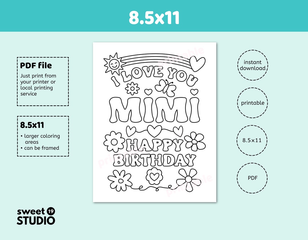 Mimi Birthday Printable Card, 5x7 Mimi Coloring Card, Mimi Coloring ...