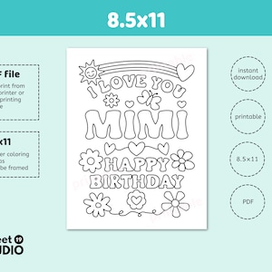 Mimi Birthday Printable Card, 5x7 Mimi Coloring Card, Mimi Coloring ...