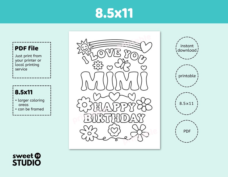 Mimi Birthday Printable Card, 5x7 Mimi Coloring Card, Mimi Coloring ...