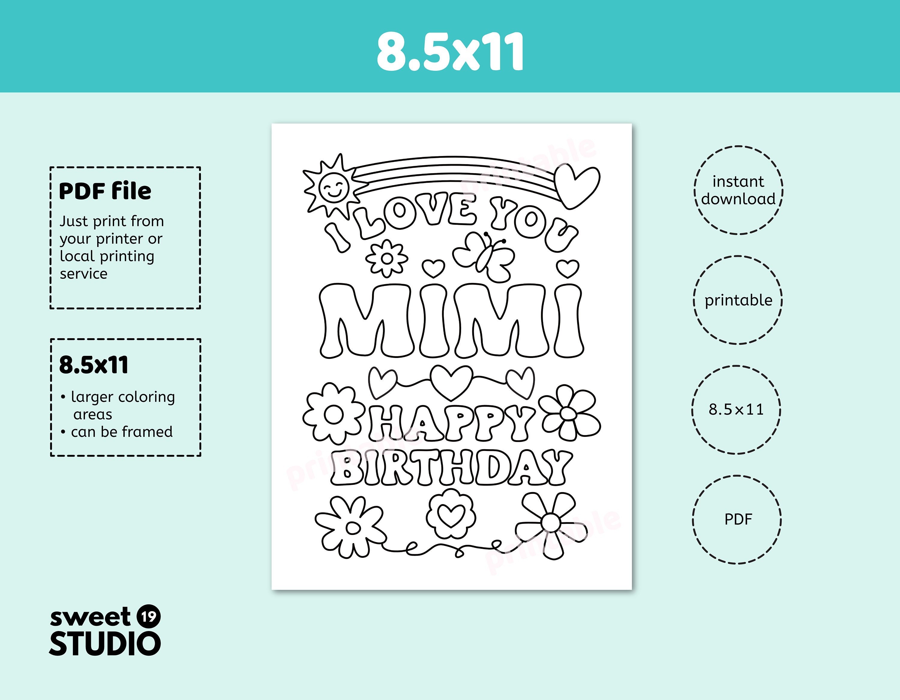Mimi Birthday Printable Card, 5x7 Mimi Coloring Card, Mimi Coloring ...