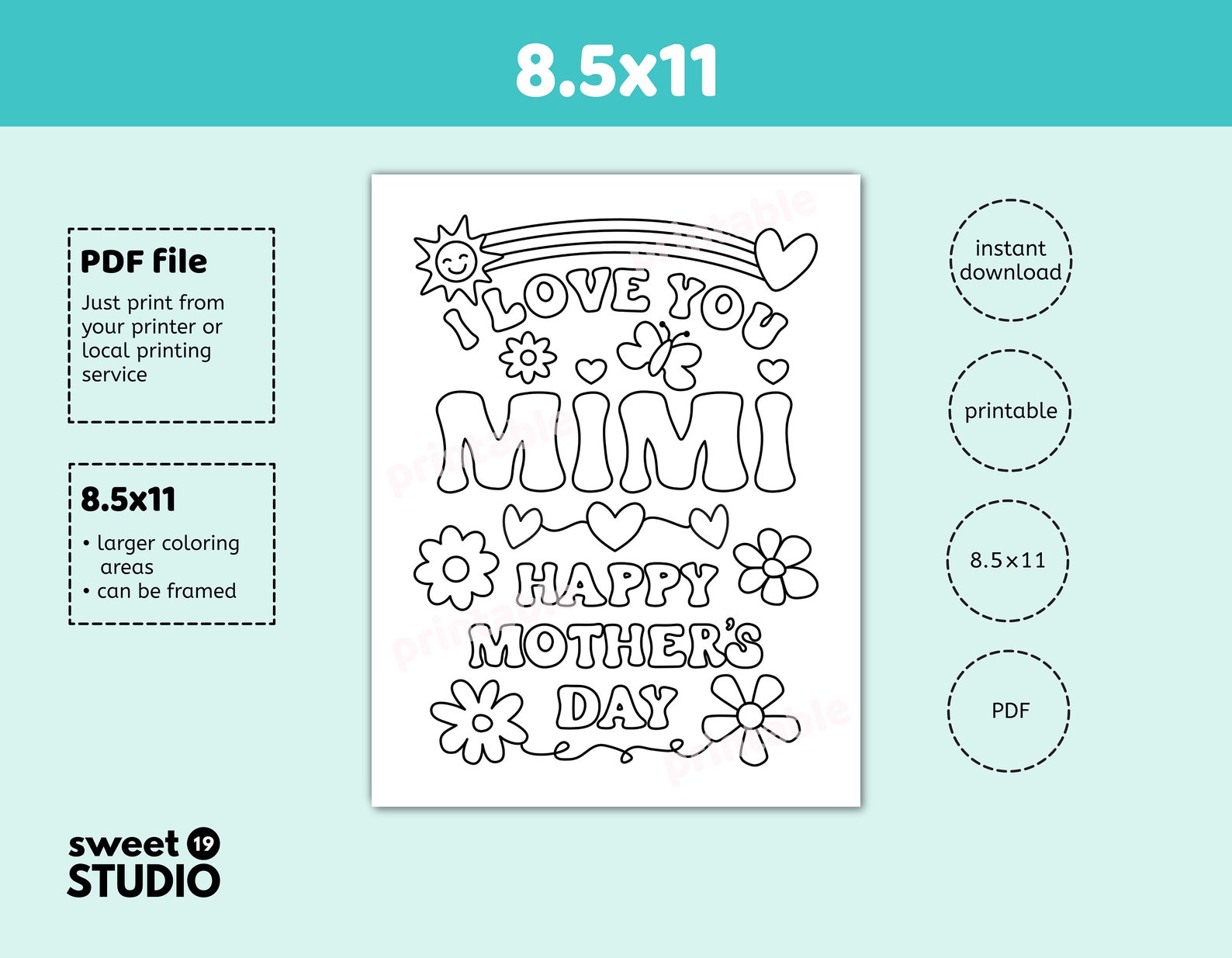 Mimi Mother's Day Printable Card, 5x7 Mimi Coloring Card, Mimi Coloring ...