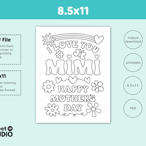 Mimi Mother's Day Printable Card, 5x7 Mimi Coloring Card, Mimi Coloring ...