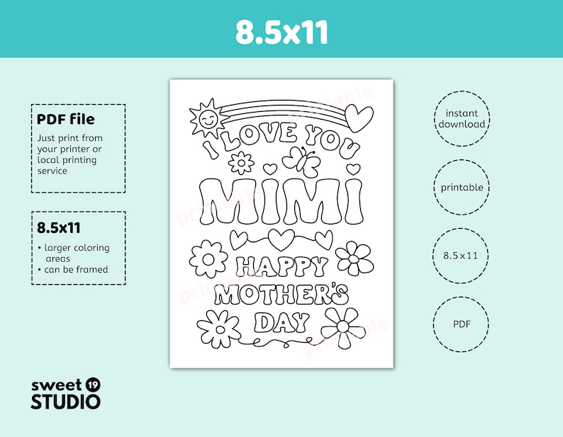 Mimi Mother's Day Printable Card, 5x7 Mimi Coloring Card, Mimi Coloring ...