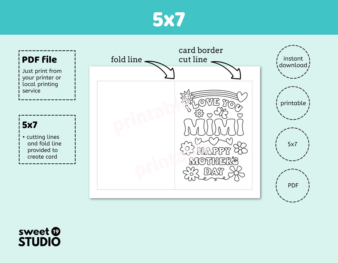 Mimi Mother's Day Printable Card, 5x7 Mimi Coloring Card, Mimi Coloring ...