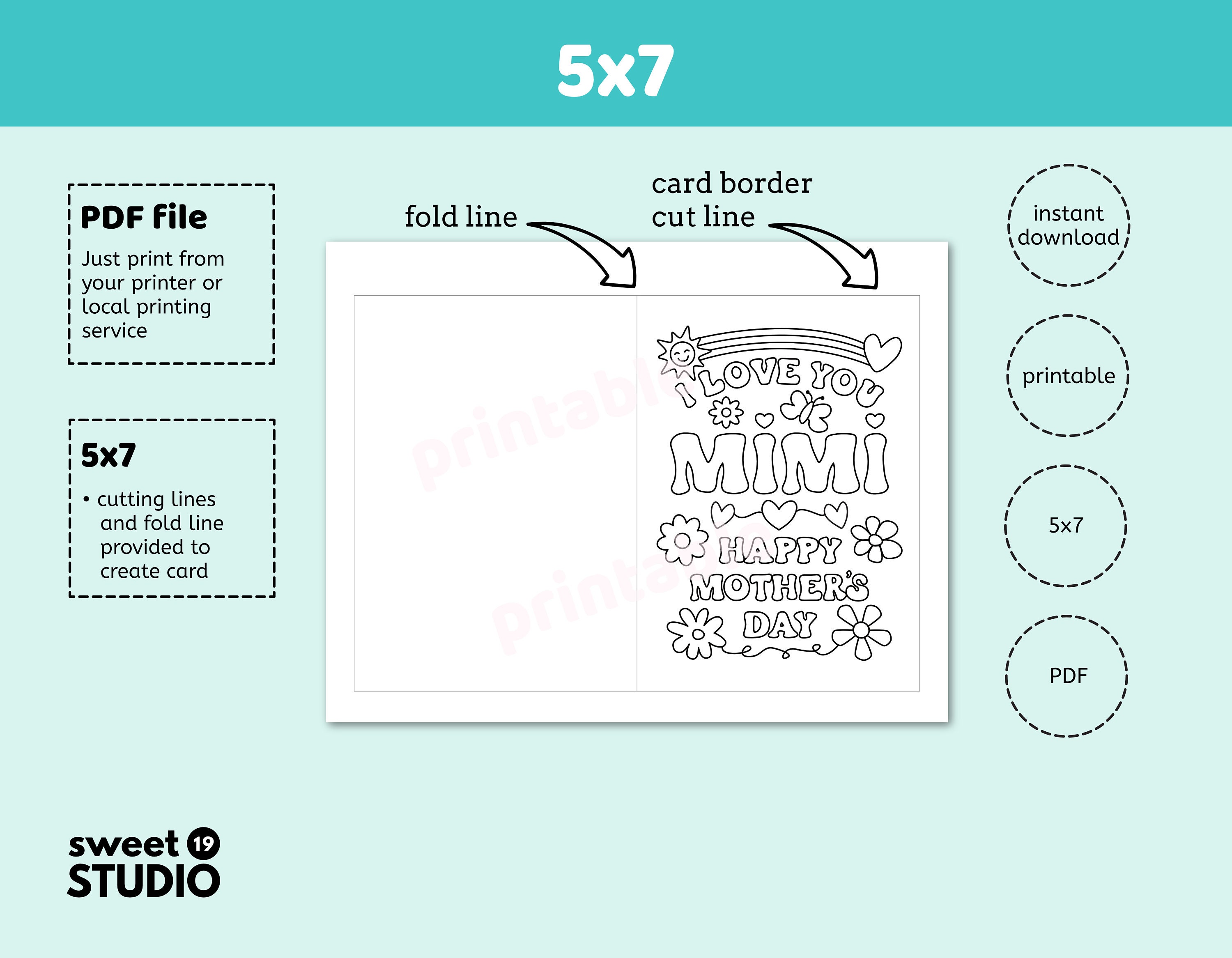 Mimi Mother's Day Printable Card, 5x7 Mimi Coloring Card, Mimi Coloring ...