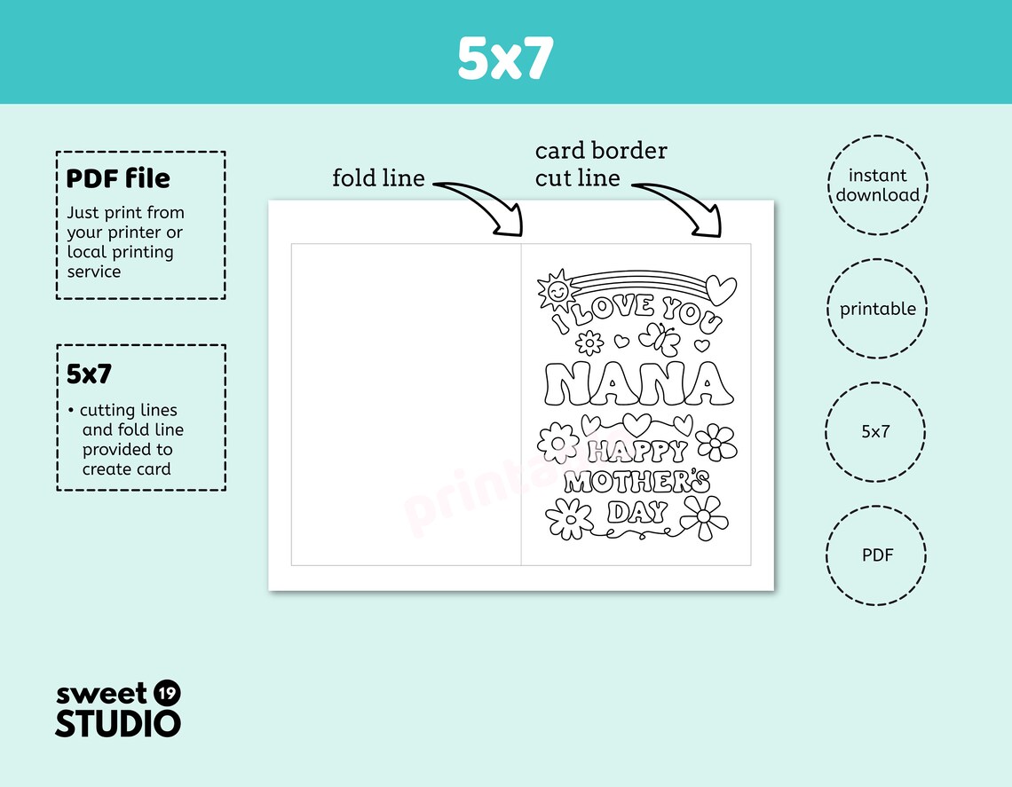 Nana Mother's Day Printable Card, 5x7 Nana Coloring Card, Nana Coloring ...