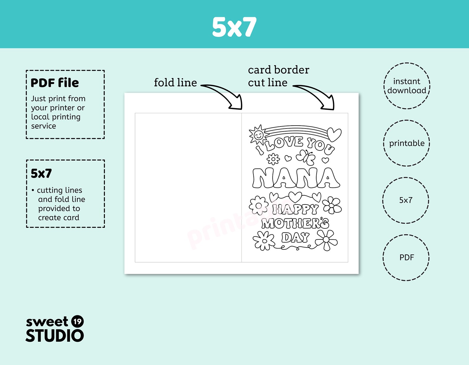 Nana Mother's Day Printable Card, 5x7 Nana Coloring Card, Nana Coloring ...