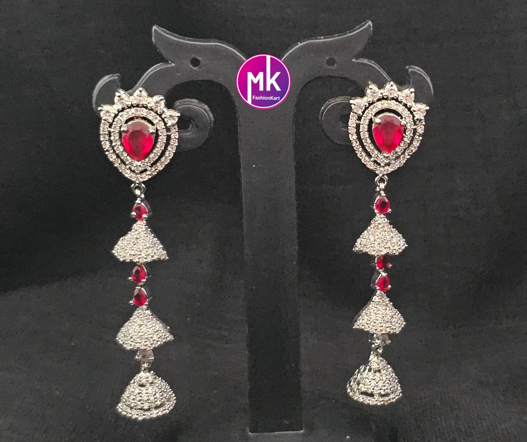 Silver Finish Premium Polish AD Stones Long Dangling Earrings - MK ...