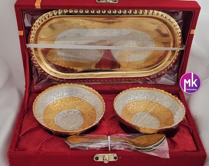 German Gold Silver Brass Plate, Bowls, Spoons Set With Velvet Gift Box ...