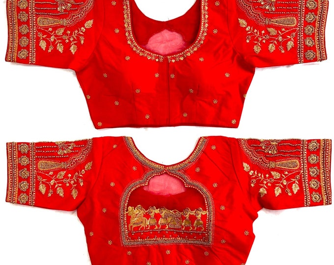 Readymade Saree Blouse - Red Color Aari Work Phantom Silk Katli Hand ...