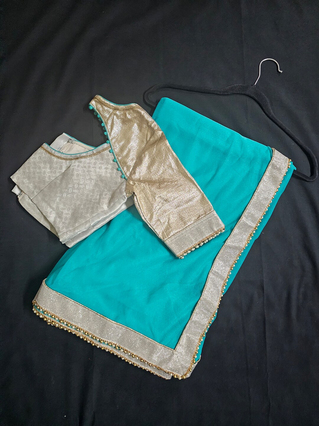 Designer Teel Green Color Saree With Silver Jari Border and Stitched ...