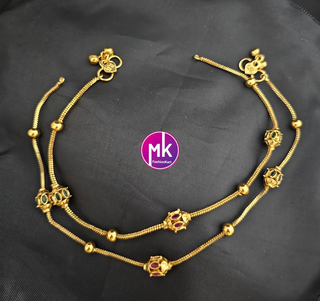 Antique Gold Tone Pink-green AD Stone Anklet/leg Chain/kolusu - MK ...