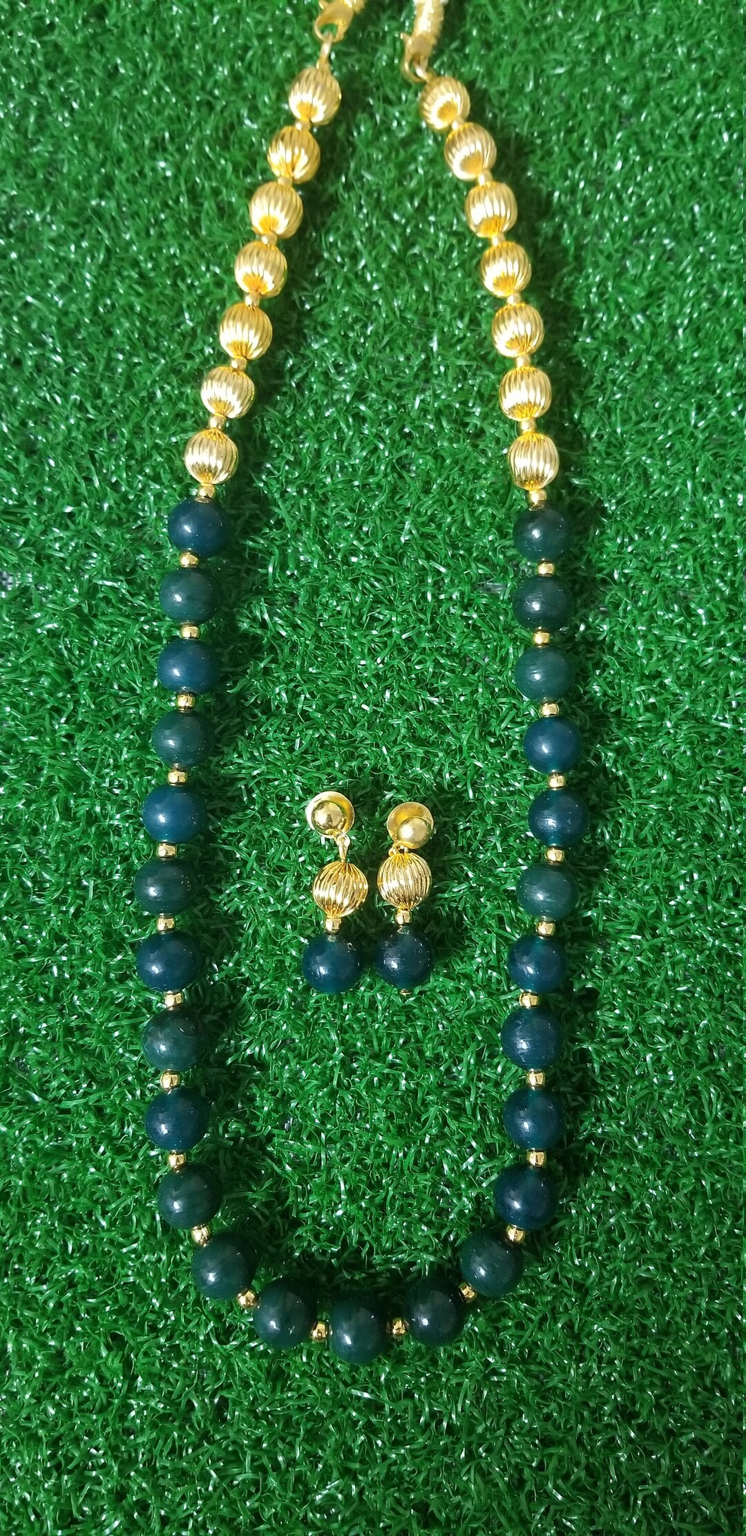 Green Bead With Gold Bead Chain With Matching Earrings MK Fashionkart ...