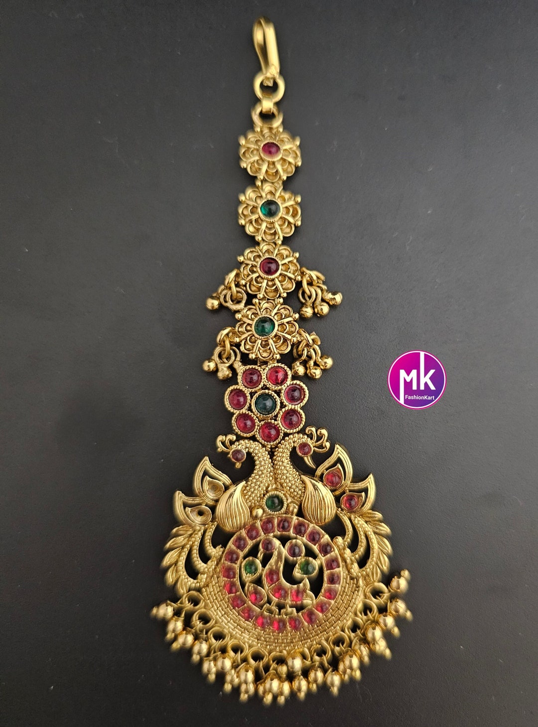 Peacock Design Antique Gold Finish AD Stone With Gold Ball Hanging ...