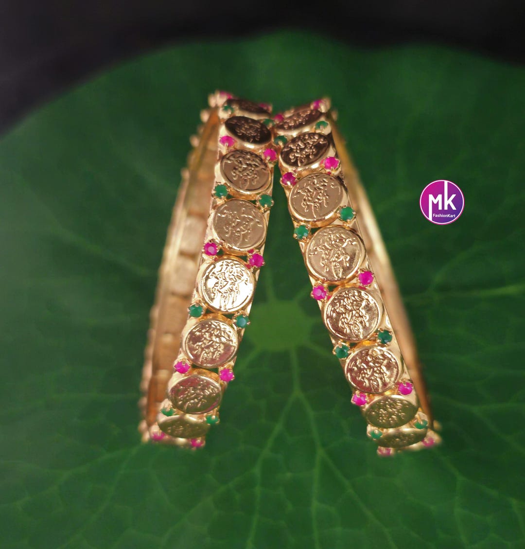 Kasu Lakshmi Gold Finish Bangles With Multi-color AD Stones- Set of 2 ...