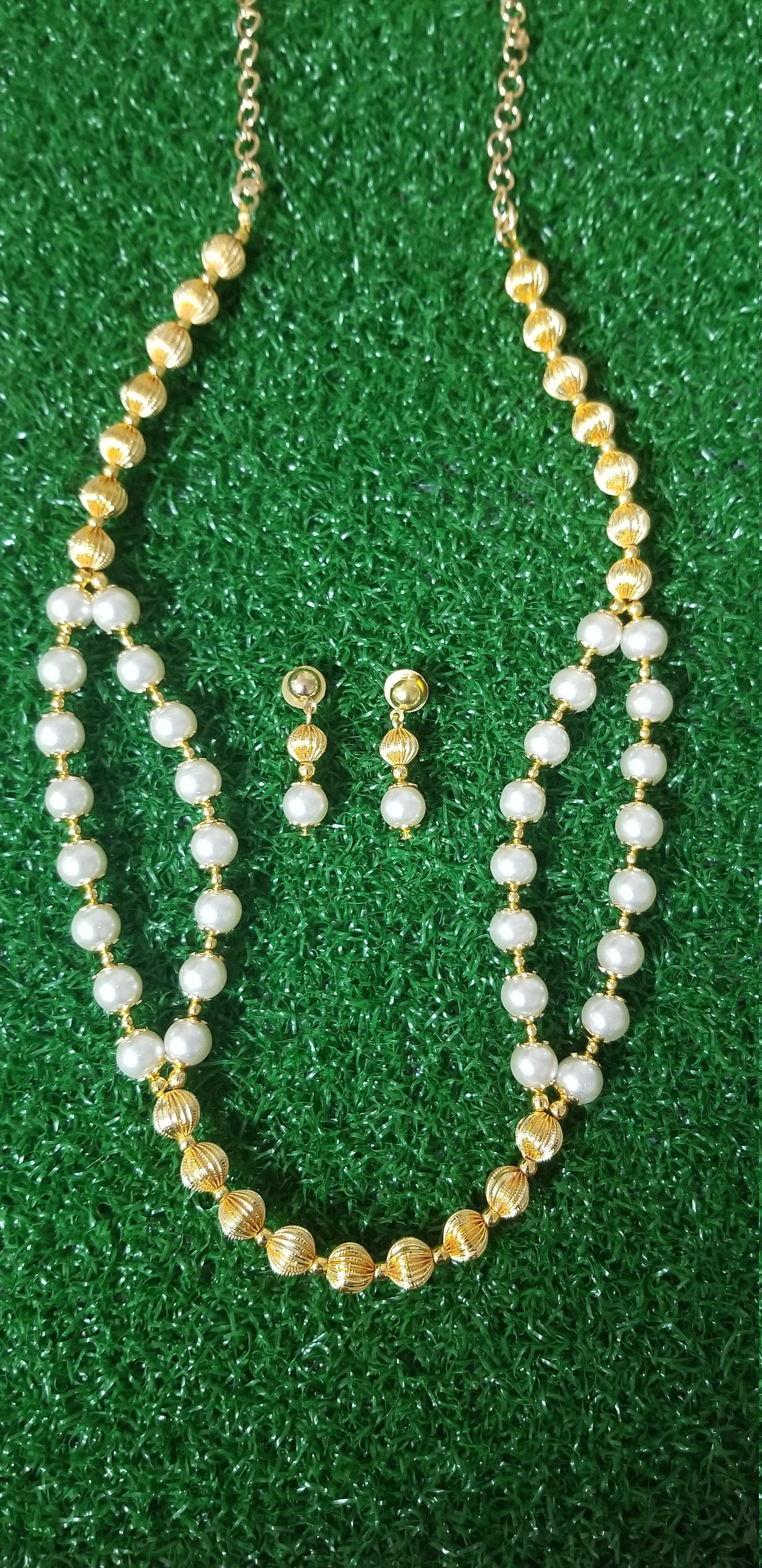 Pearl With Gold Bead Double Line Chain With Matching Earrings - Etsy UK
