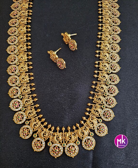 Premium Quality Wedding Matte Gold Finish Ad Stone Haram with Matching Earrings Bridal Haram Gold Jewelry Replica Mk Fashionkart
