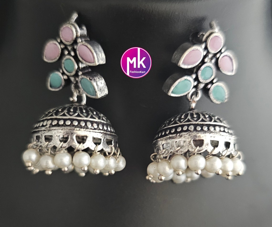 Leaves Design Oxidized Silver Baby Pink and Teel Blue Stone Haram With ...