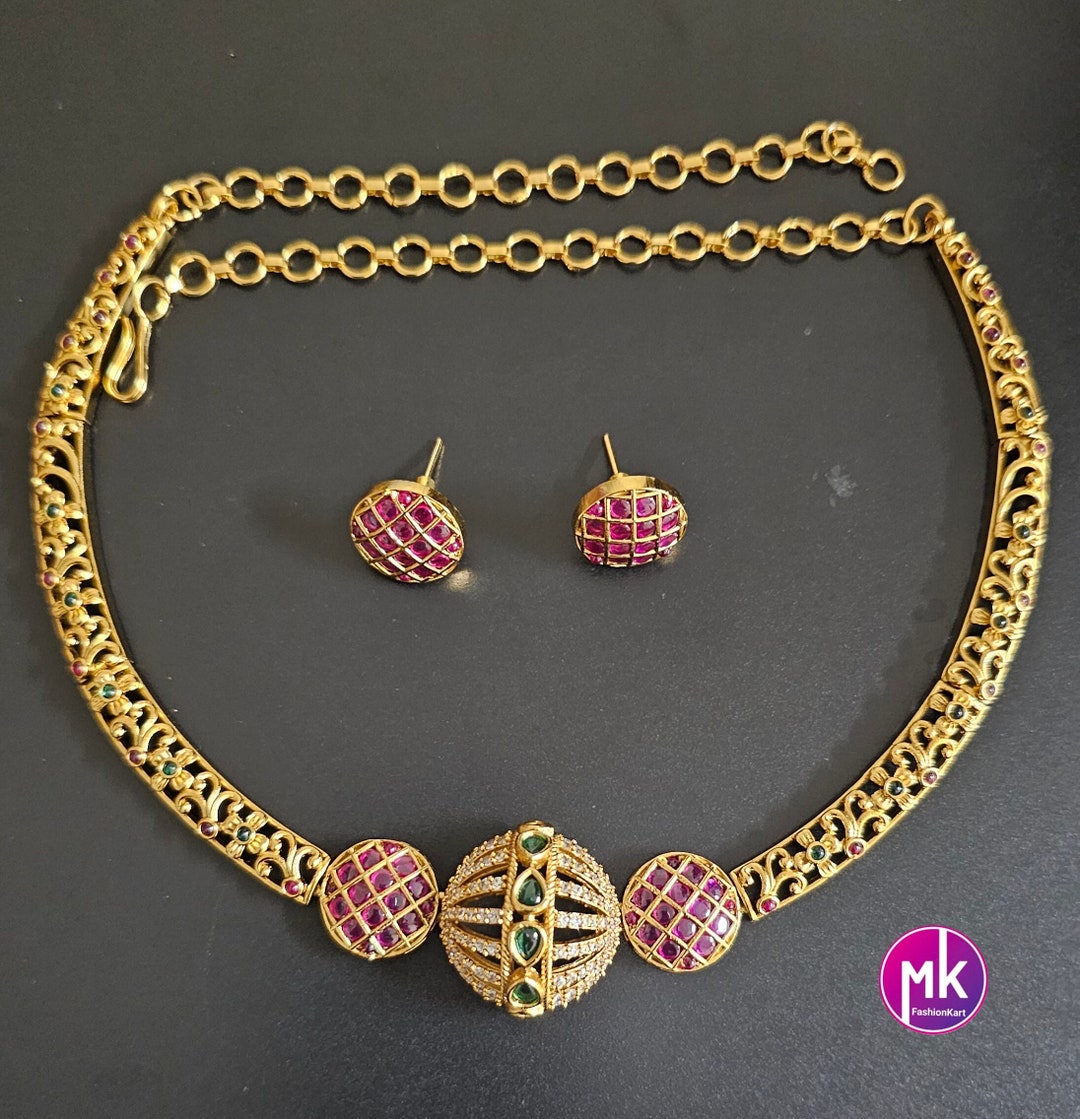Hasli Model Premium Matte Gold Finish AD Stone Necklace With Matching ...