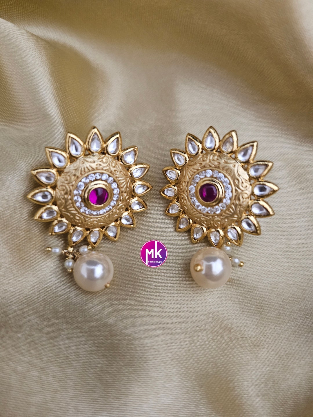 Bollywood Jaipur Kundan Polki With Ruby Stone Gold Plated Studs - Sabayasachi Type Earring ...