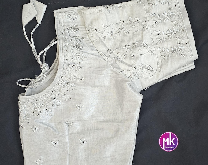 Silver Color Readymade Saree Blouse - Silk With Embroidery Blouse ...