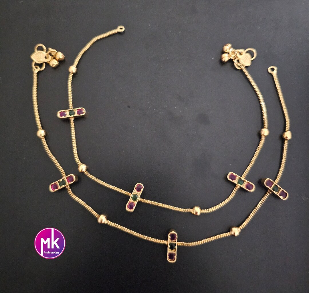 Antique Gold Tone Pink-green AD Stone Anklet/leg Chain/kolusu - MK ...