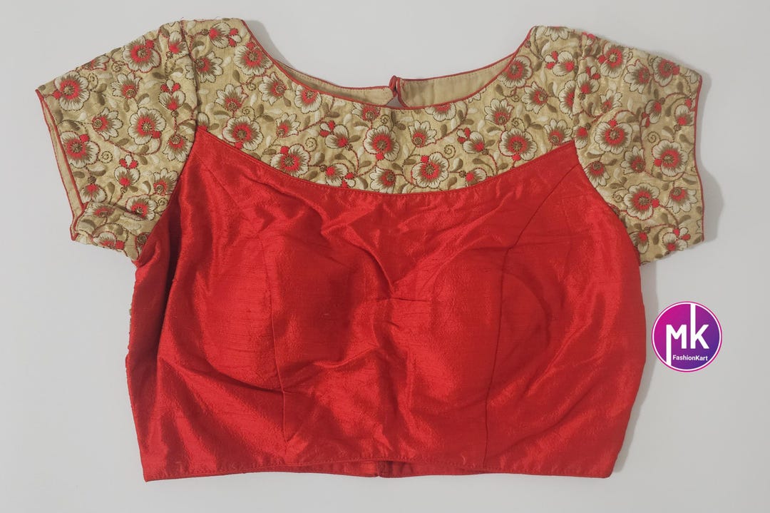 Readymade Saree Blouse - Raw Silk Red Wsith Cream Floral Design Blouse for Sarees/lehenga - Size ...