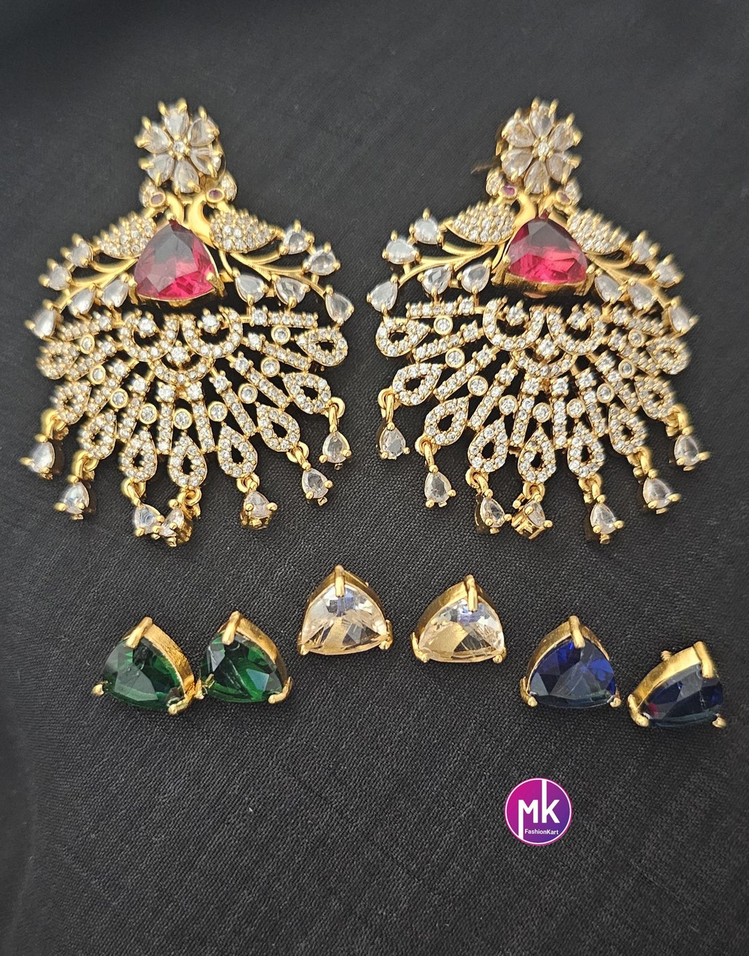 Gold Finish AD Stone Multi-color Stone Changeable Earrings Partywear ...