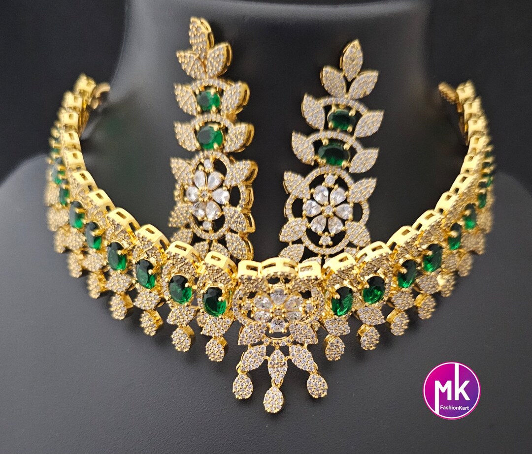 Premium Gold Finish CZ/AD Stone Green Choker With Matching Long ...