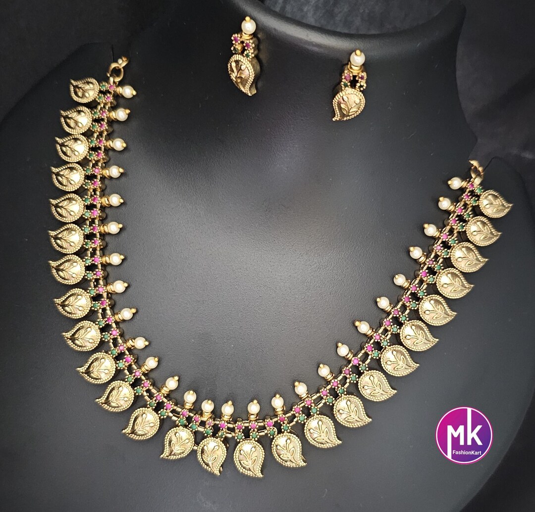 Mango Design Matte Gold Finish AD Stone With Pearl Multi-color Necklace ...