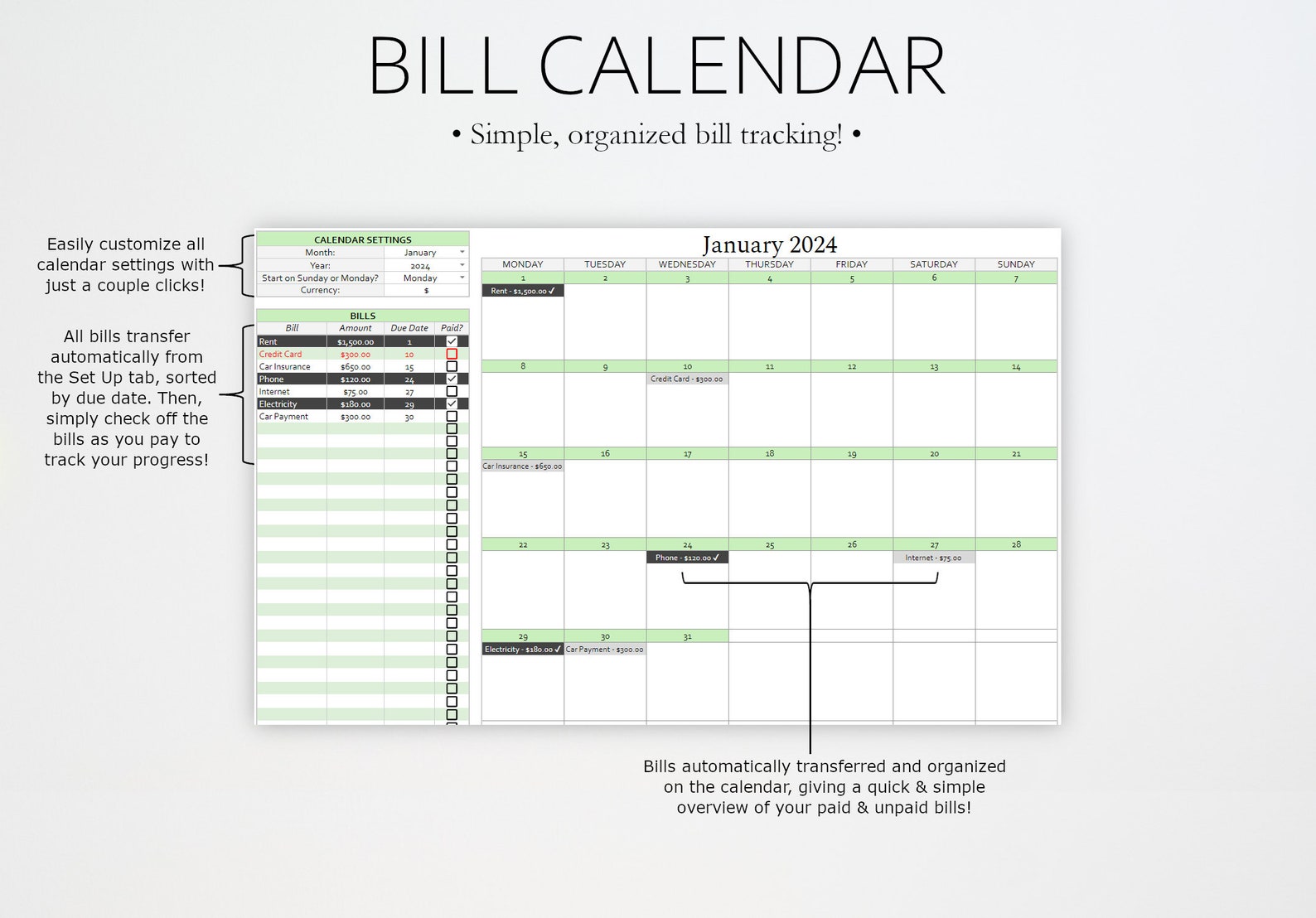 Bill Calendar Bills Planner Expense Tracker Bill Payment Organizer ...