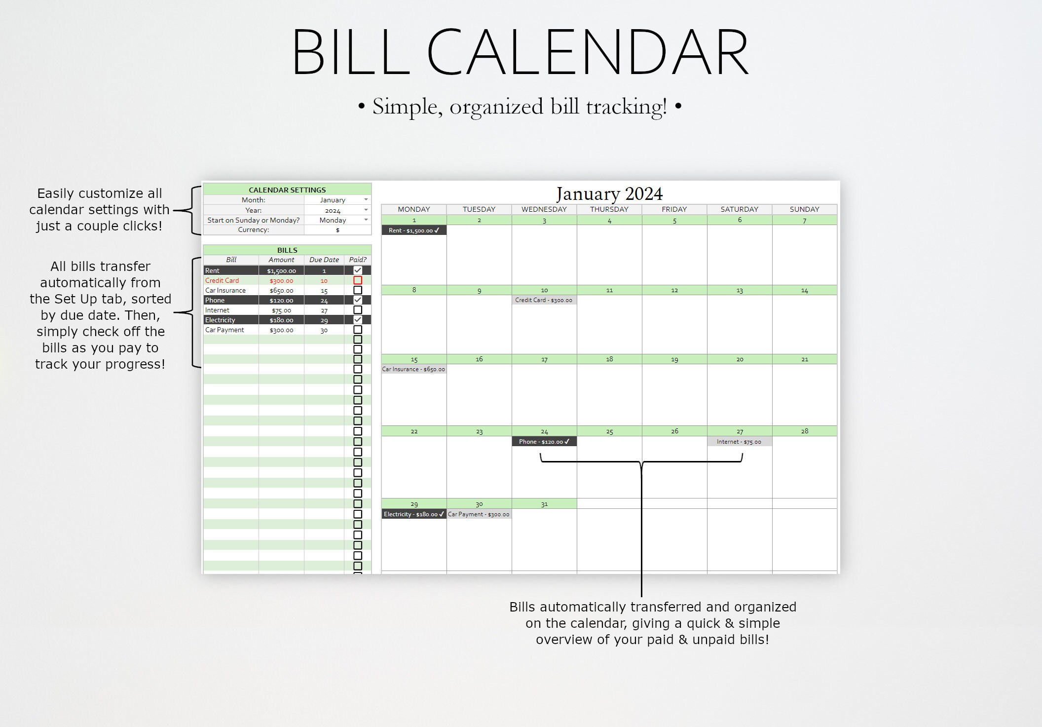 Bill Calendar Bills Planner Expense Tracker Bill Payment Organizer ...