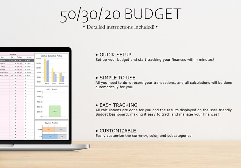 50/30/20 Monthly Budget Spreadsheet Google Sheets Excel Paycheck Budget ...