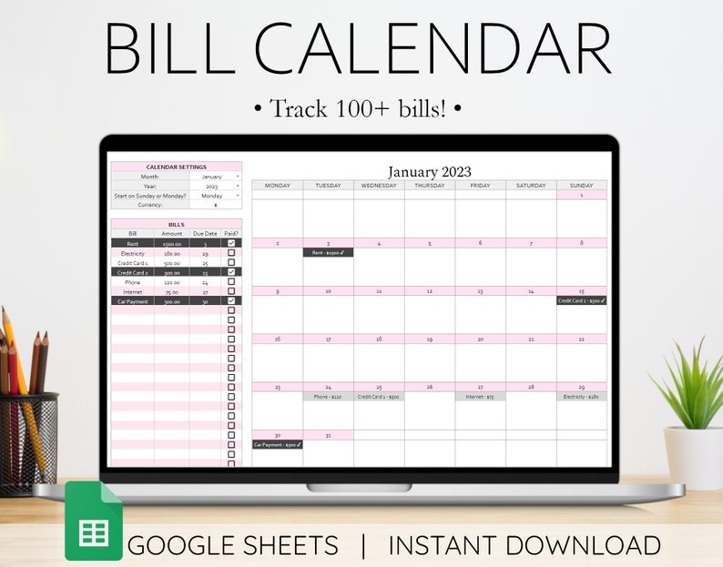 Bill Calendar Bills Planner Expense Tracker Bill Organizer - Etsy