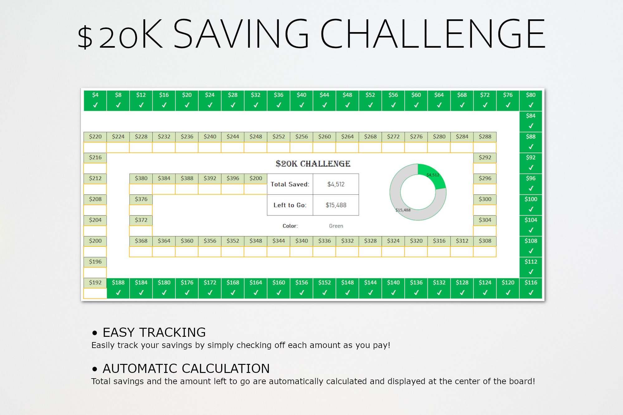 20K Savings Challenge, 100 Days, Cash Money Saving Challenge, Savings Goal Tracker Planner Excel ...