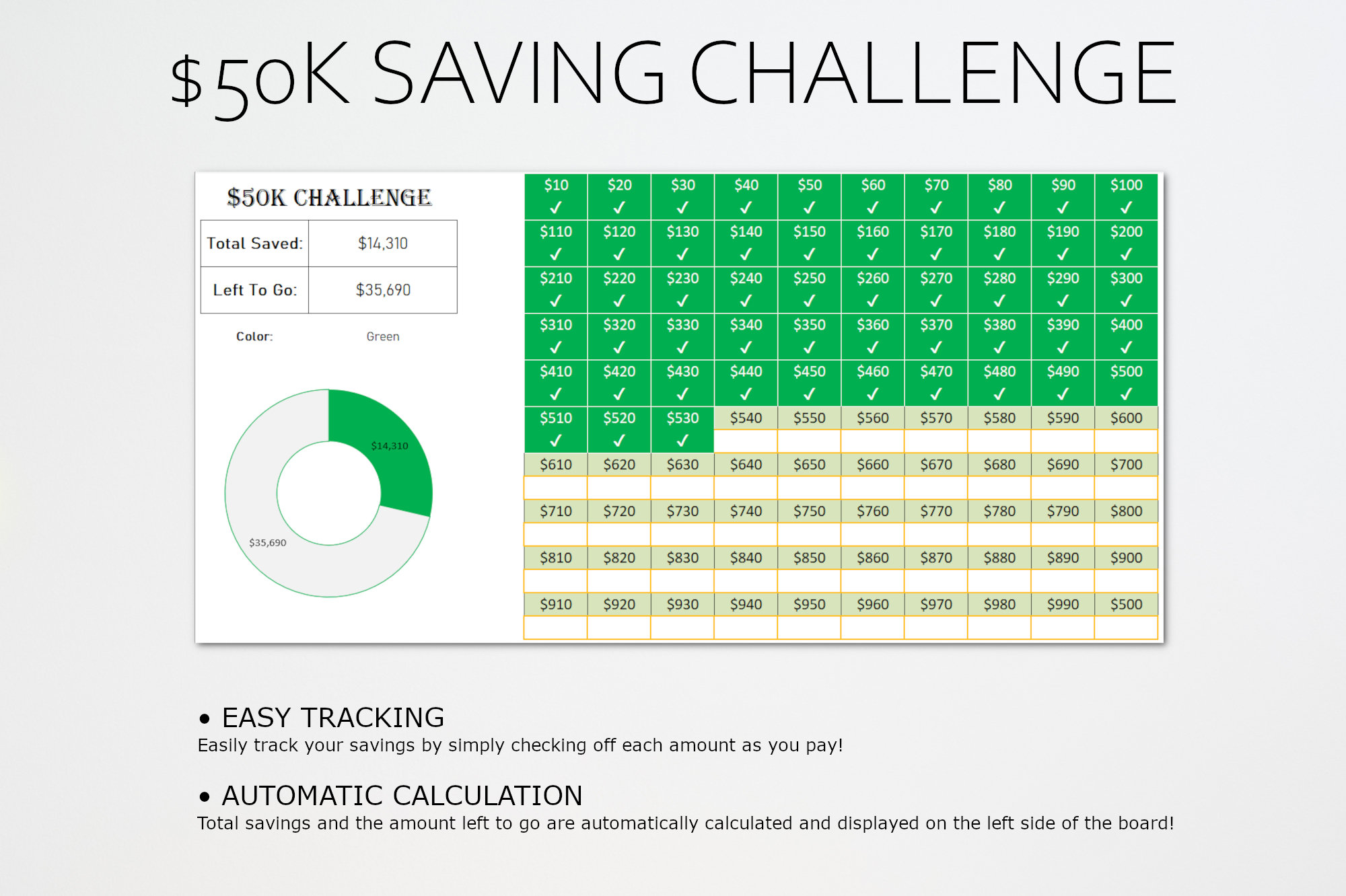 50K Saving Challenge 100 Days, Money Saving Challenge, 50K Savings Goal Tracker Planner Excel ...