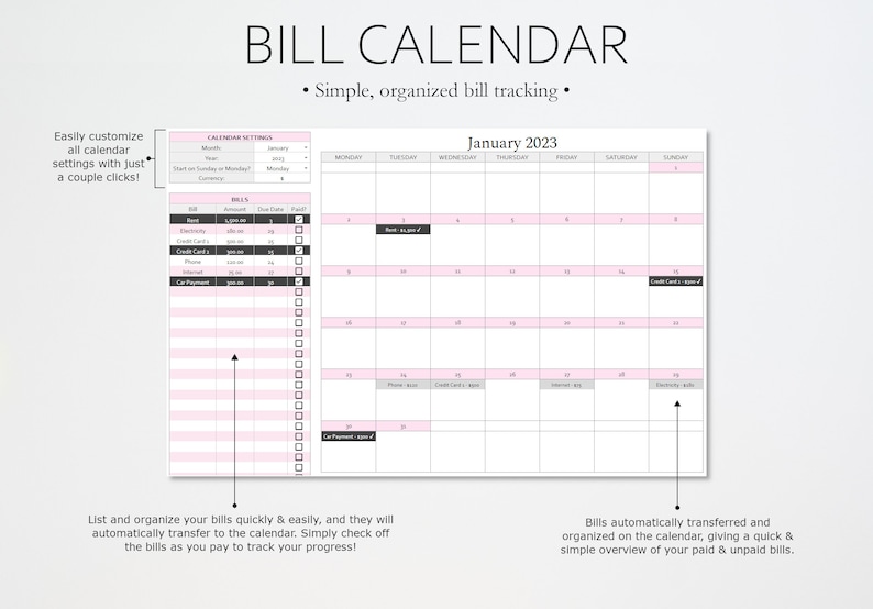 Bill Calendar Bills Planner Expense Tracker Bill Organizer Budget ...
