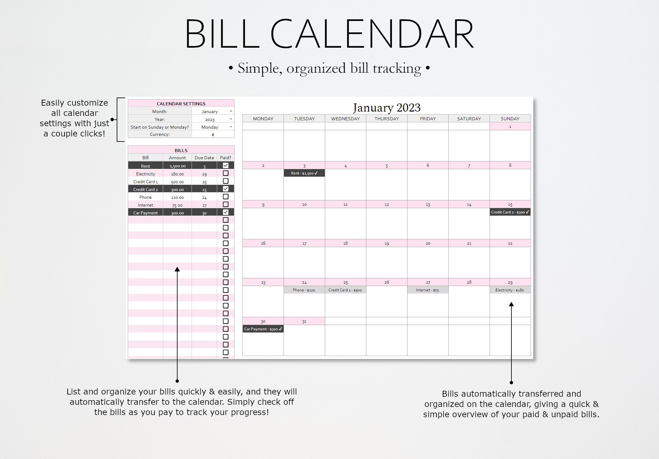 Bill Calendar Bills Planner Expense Tracker Bill Organizer Budget ...