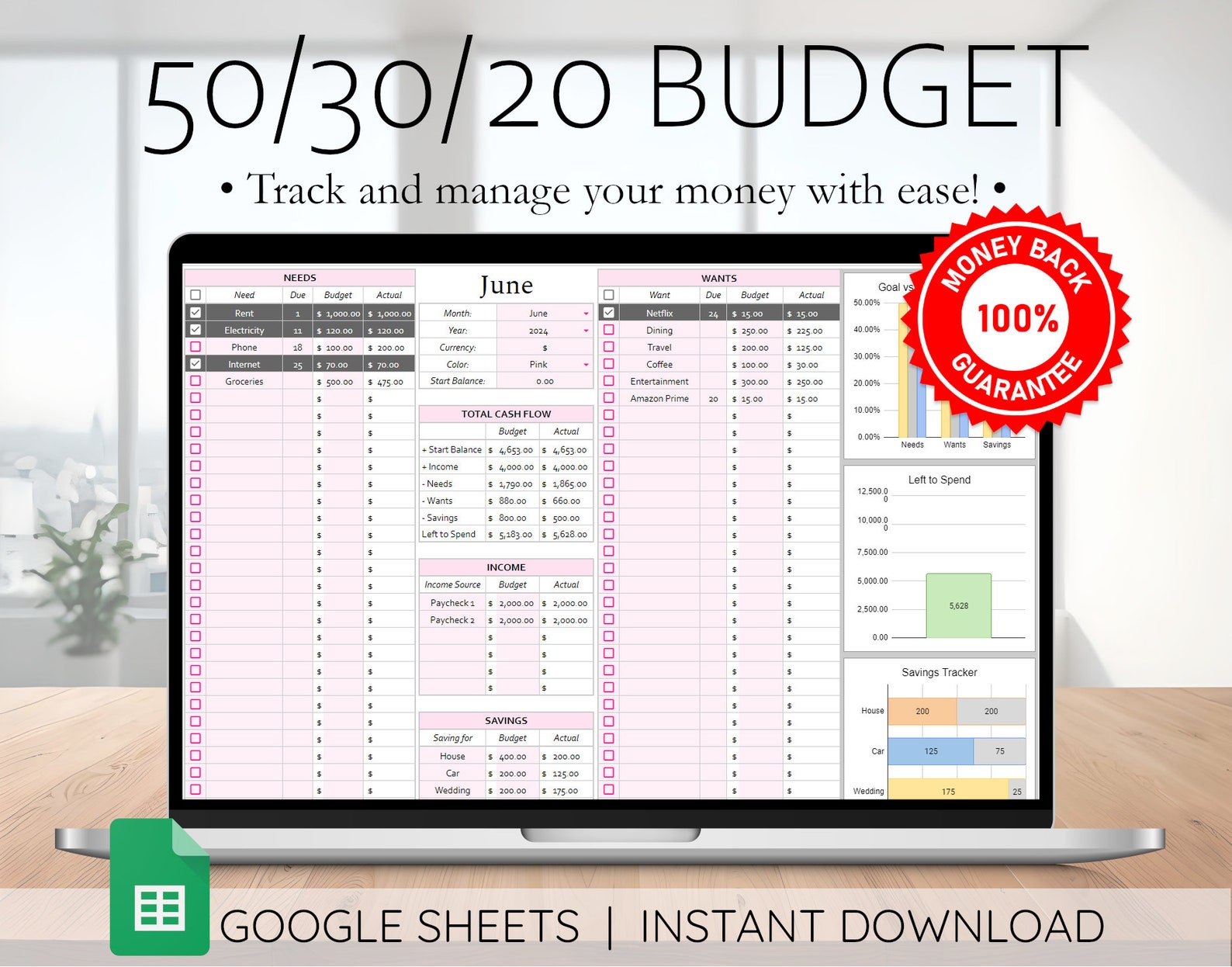 50/30/20 Monthly Budget Spreadsheet Google Sheets Paycheck Budget ...