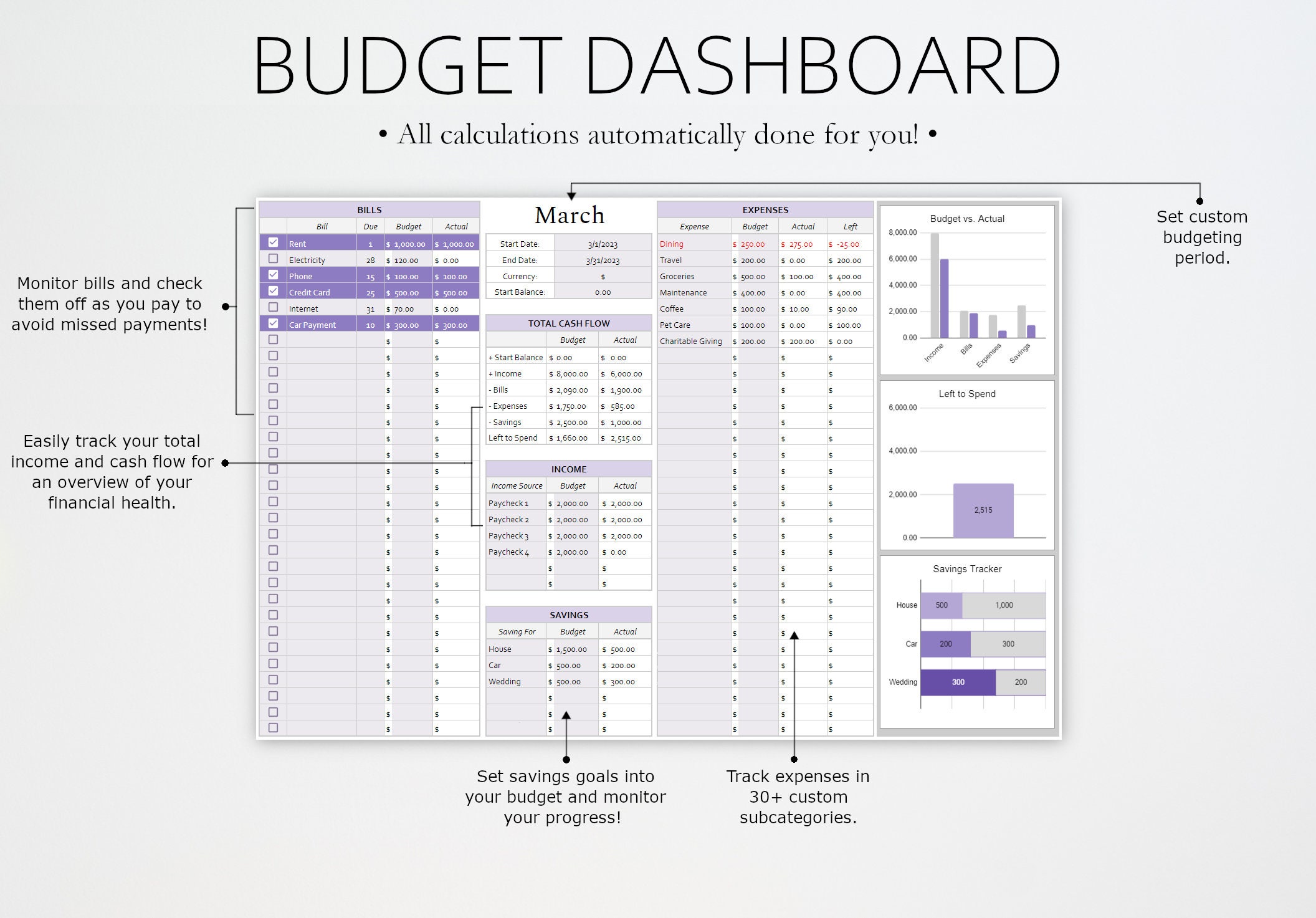 Monthly Budget Spreadsheet Digital Budget Template Bill Calendar Bill Tracker Finance Planner ...