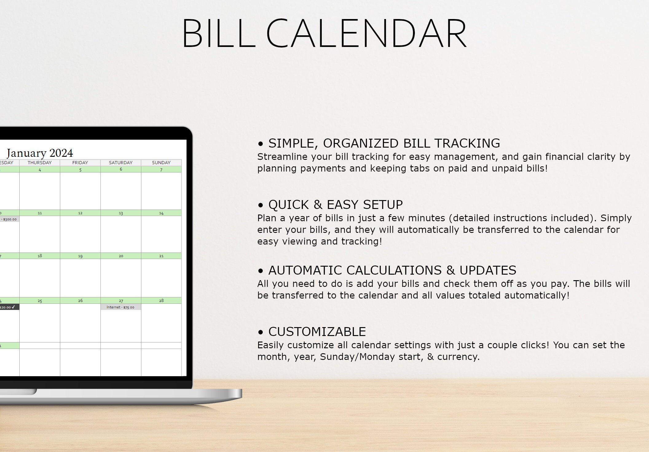 Bill Calendar Bills Planner Expense Tracker Bill Payment Organizer ...