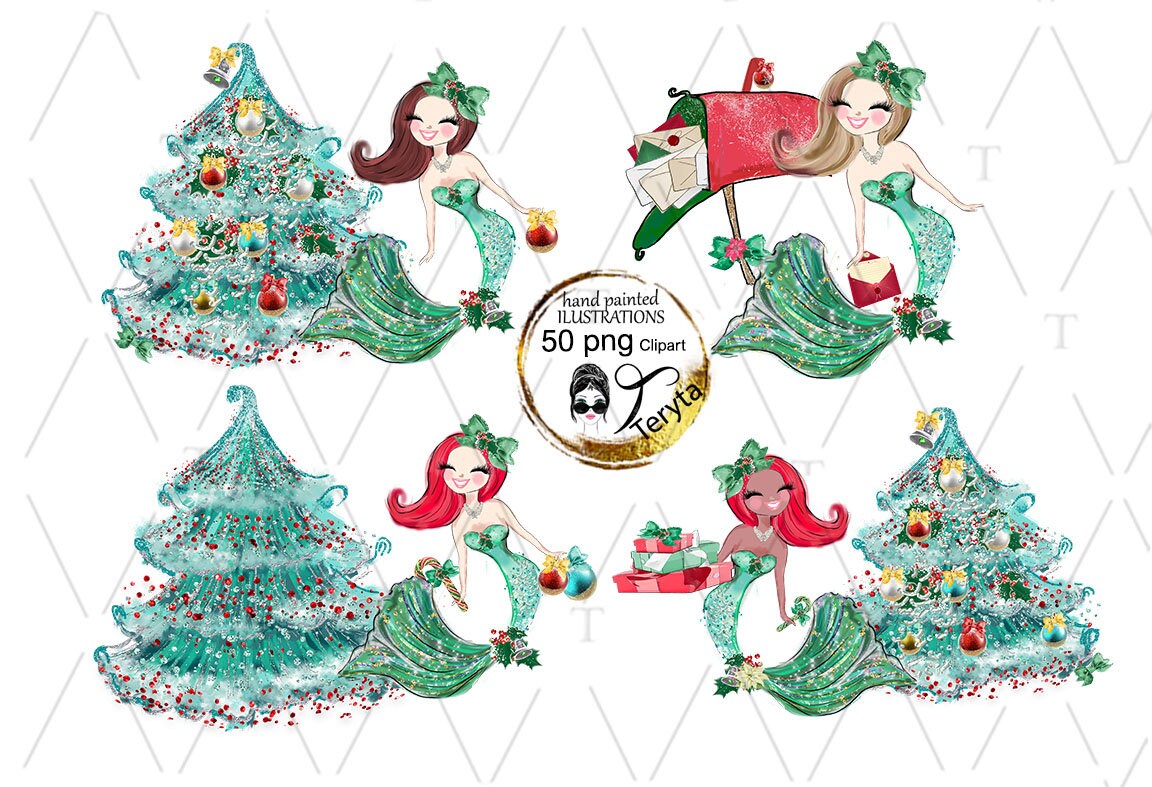 Little Mermaids Christmas Clipart Png, Cute Mermaids Illustrations ...